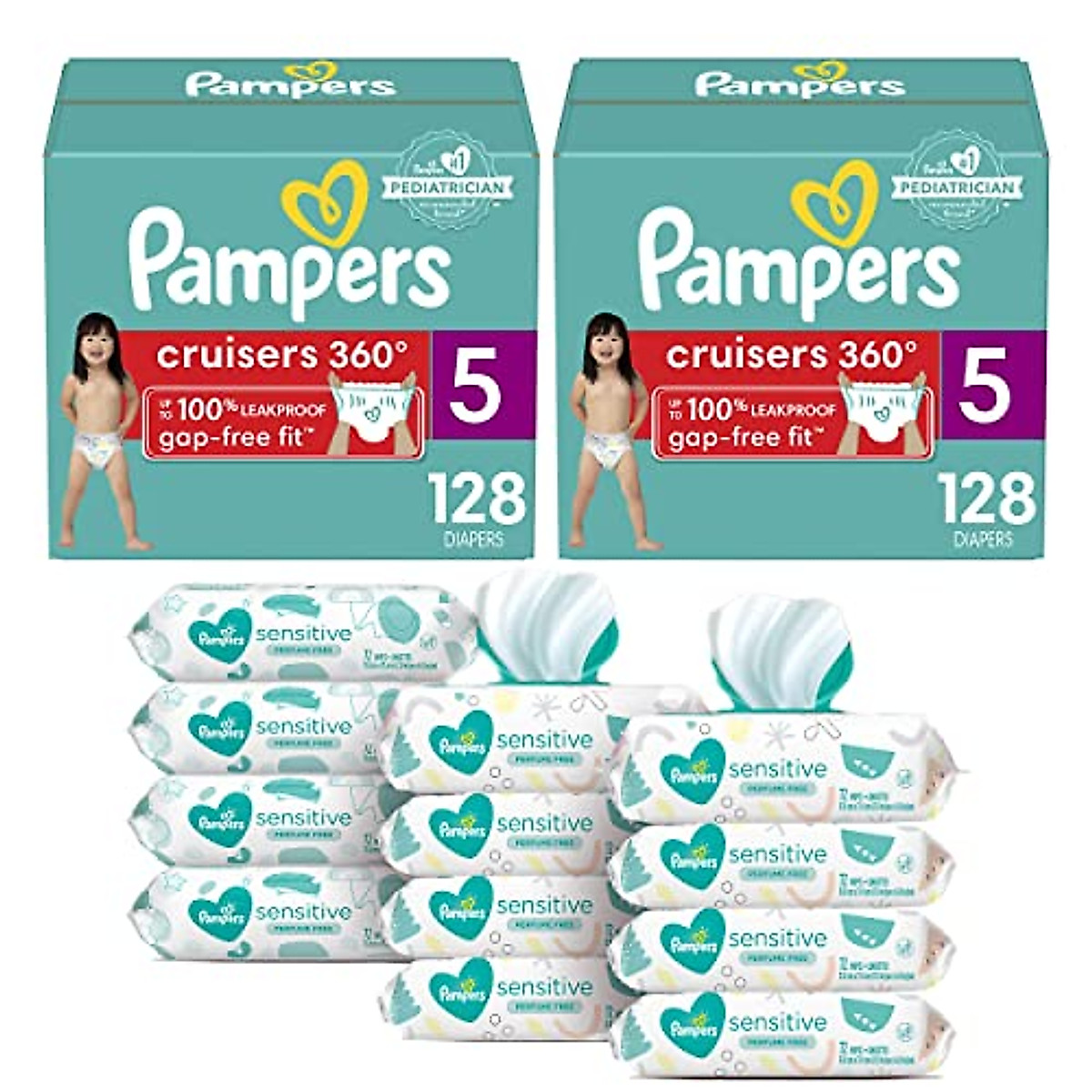 Pampers Baby Diapers and Wipes (2 Month Supply) - Pull On Cruisers 360° Fit Diapers with Stretchy Waistband Size 5 (2 x 128 Count) with Sensitive Baby Wipes, 12X Pop-Top Packs, 864 Count