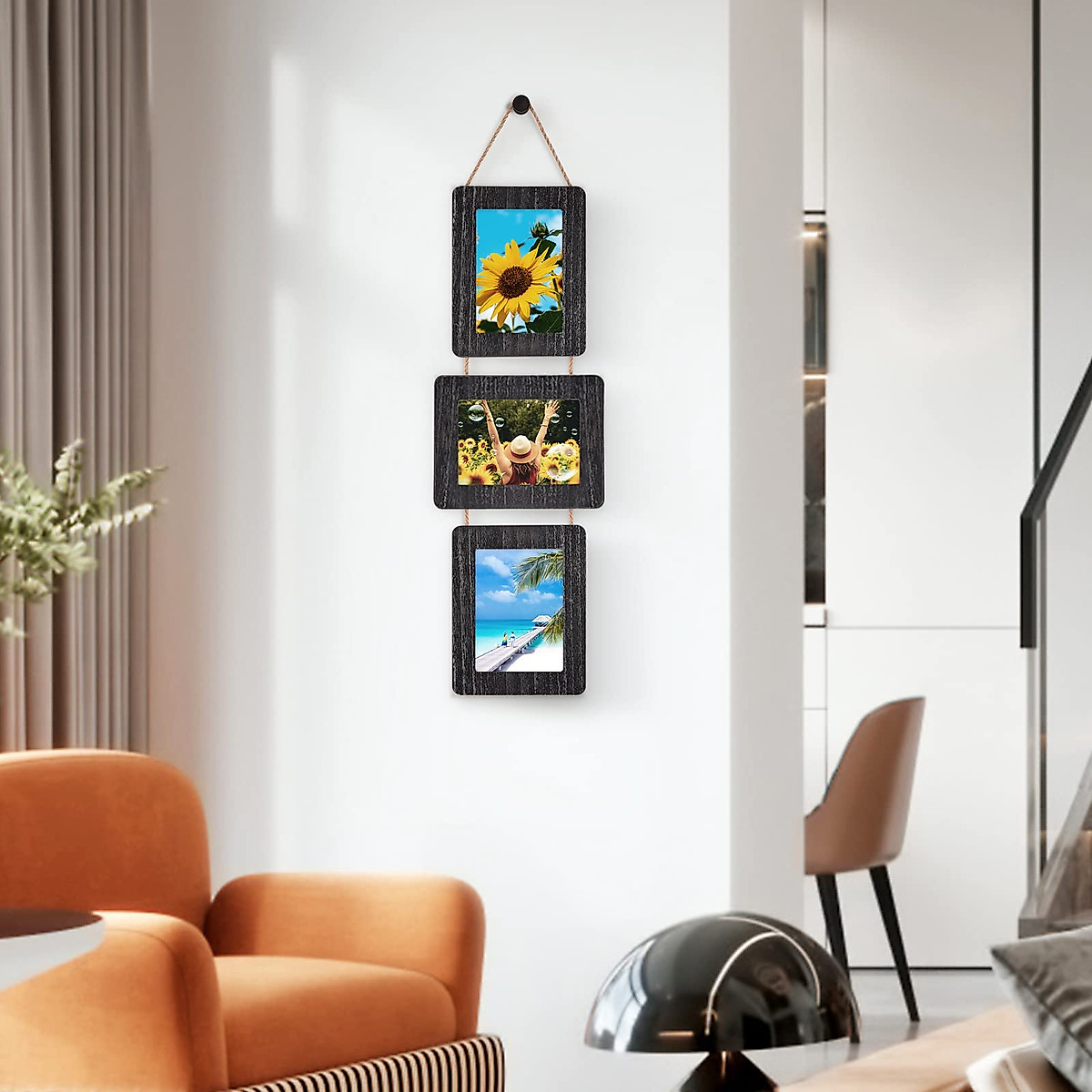 ABSWHLM 5x7 Picture Frames Rustic Wood Hanging Picture Frames 3 Opening Photo Frame Display 4"x6" Pictures with Mat or 5"x7" Without Mat, Weathered Black