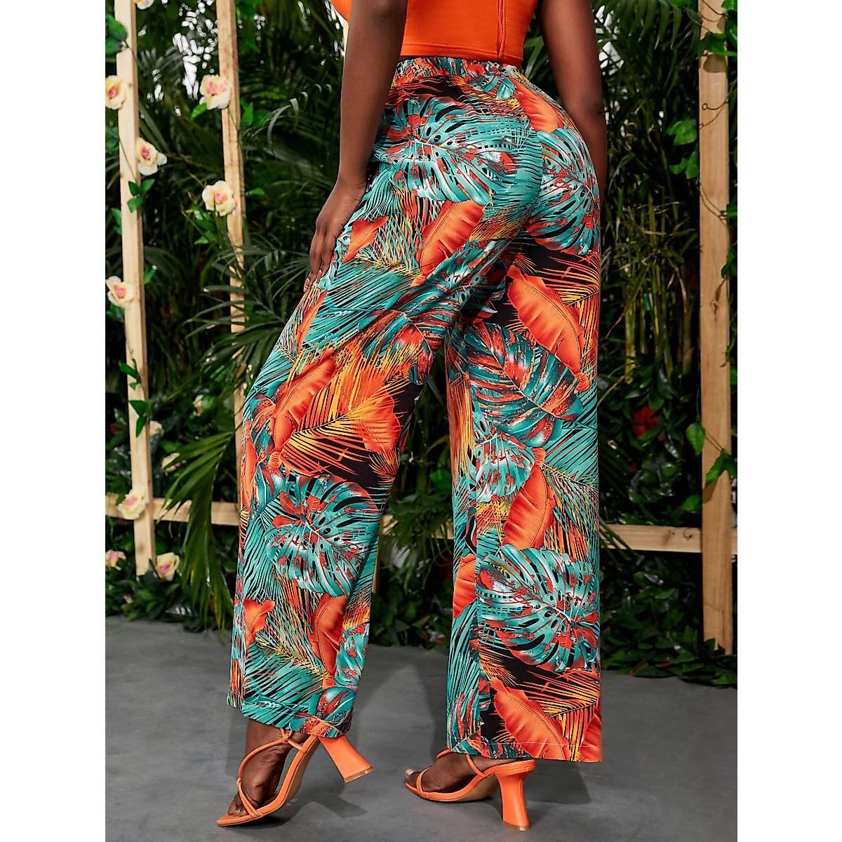 WDIRARA Women's Tropical Print High Elastic Waisted Wide Leg Loose Pants Trousers Multicolored S