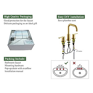 TimeArrow Brushed Gold 2 Handle 8 Inch Widespread Bathroom Sink Faucet with Pop-Up Drain, High Arc Modern Bathroom Vanity Lavatory Faucet 3 Holes with Brass 360° Swivel Spout, TAF830E-PB