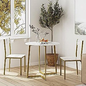 Masupu Small Round Dining Table Set for 2, Wood Marbled Tabletop with Steel Frame, Modern Dinette with Chairs for Kitchen Breakfast Nook Living Room, White and Gold