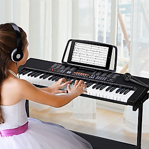 Smartxchoices 61-Key Electronic Keyboard Piano Stand Portable LED Display Keyboard Kit with Adjustable Stand, Adjustable Stool, Headphones, Microphone & Music Stand