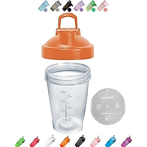 Ergonomic Small Clear Wide Mouth Shaker Cup (Made of Premium PP5,BPA FREE,Modelized Scale Marks 4-8-12 Oz) & Orange Leakproof Screwable Cover Lid (Style May Vary) & Whisk,Free Replacement in 10 Months