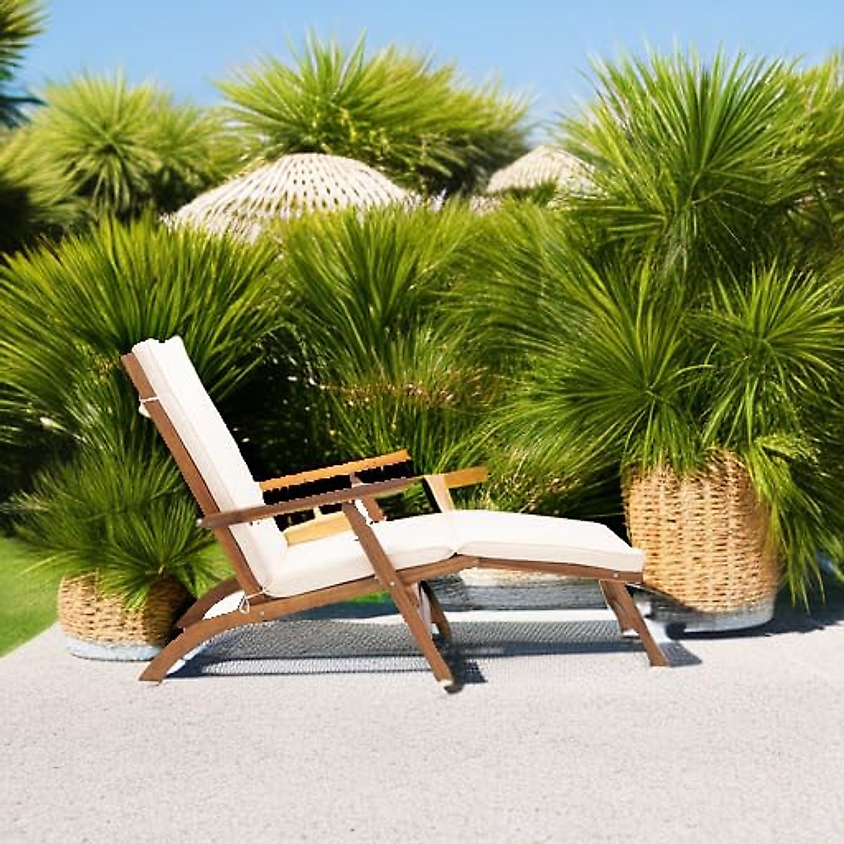 SAFAVIEH Outdoor Collection Palmdale Natural Brown Solid Wood/Beige Cushion Chaise Lounge Chair (PAT7015C)