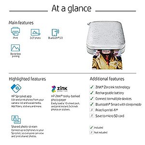 HP Sprocket Portable 2x3" Instant Color Photo Printer (Luna Pearl) Print Pictures on Zink Sticky-Backed Paper from your iOS & Android Device.