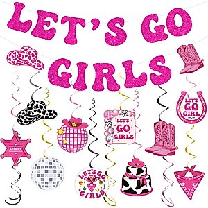 Let's Go Girls Birthday Decorations - NOVBAUB 26PCS Preppy Y2k Hot Pink Party Swirls Bachelorette Party Decorations Disco Cowgirl Hanging Swirls Whirl Streamers Party Decor for Women Girls