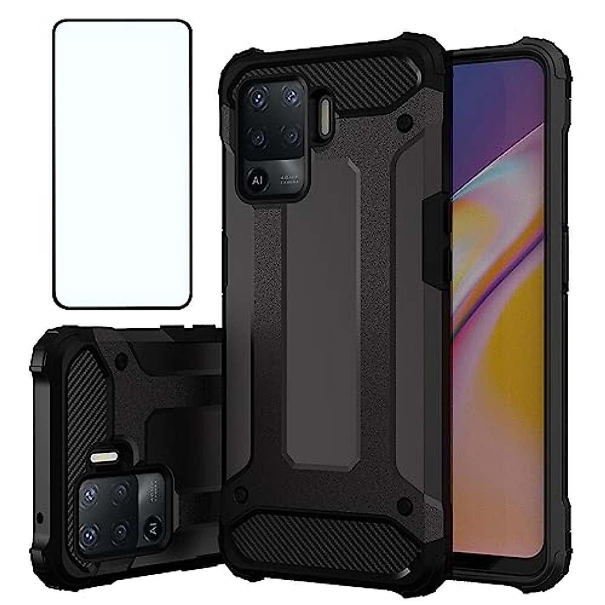 DFTCVBN Case for Oppo A94 4G / Reno 5 Lite / F19 Pro/Reno 5F CPH2203 Case with HD Screen Protector, Dual Layer Protective Slim Hybrid Cell Phone Cover Shockproof Case for Oppo a94 4G Black