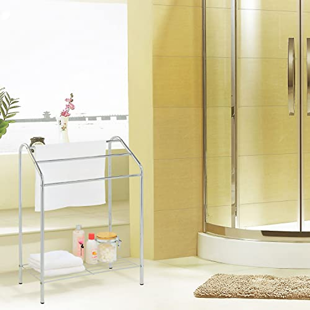 MyGift Silver Chrome Metal Freestanding Towel Rack for Bathroom Laundry Room Spa with 3 Tiered Bars and Storage Shelf, Clothes and Towel Drying Rack Stand