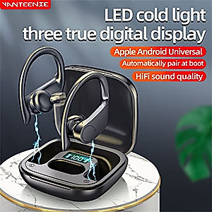 Qiopertar Digital Display Wireless Earphones Touch-Control Bluetooth 5.2 TWS-Headphones Inaudible Earbuds Headset Built-in Mic with Ear Hooks in-Ear Waterproof for Training Sport