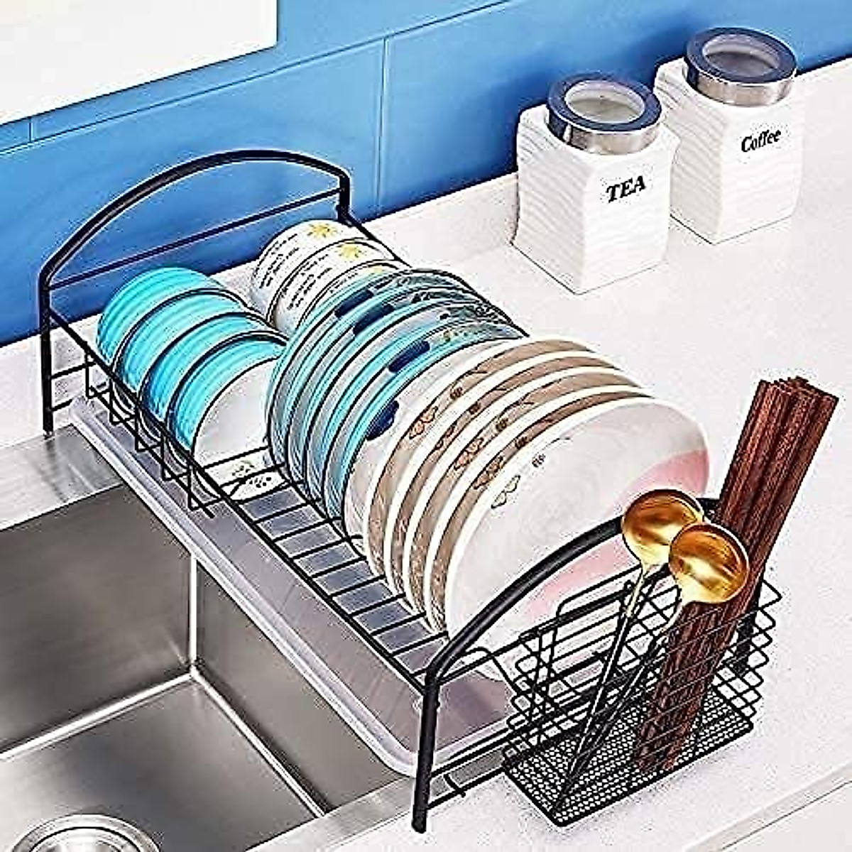 Plate Rack Dish Drainer Rack Rust Proof Stainless Steel Organization Shelf Kitchen Drainer Utensil Holder with Drain Board Pan Plate Holder (Color : Black, Size : 48.5x26x19cm)