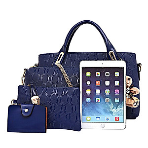 Women Ladies Leather Handbag 4pcs set Shoulder Tote Purse Satchel Messenger Bag (Dark Blue) (Dark Blue)