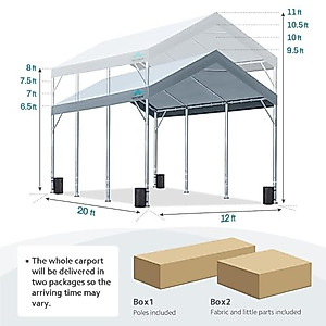 ADVANCE OUTDOOR 12x20 ft Heavy Duty Carport Car Canopy Garage Boat Shelter Party Tent, Adjustable Peak Height from 9.5ft to 11ft, Silver Gray