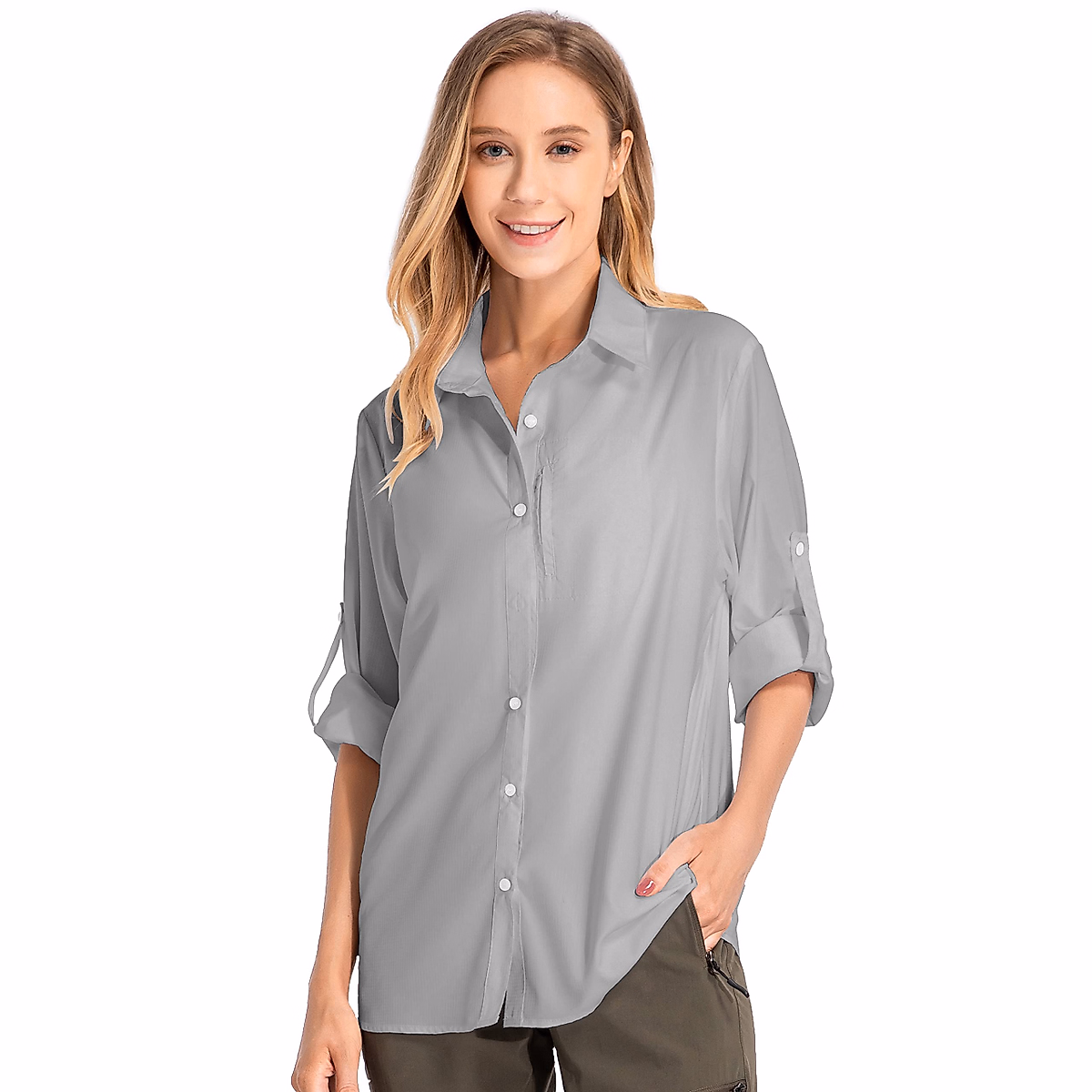 Women's UPF 50 Long Sleeve Sun Protection Shirts Quick Dry Outdoor Fishing Hiking Travel Shirt (5019 Grey, Small)