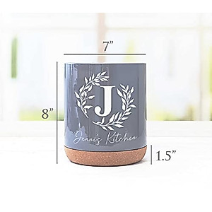 MRC Wood Products Personalized Ceramic Kitchen Utensil Holder - Engraved with Your Monogram and Custom Text (utensils not included) (Gray)