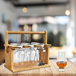 June Sizzle Whiskey Glass Holder Set and Drying Rack Gift - Whisky Glasses Cup Storage or Display Stand - Hardwood Bamboo Caddy Old Fashioned - Complete with 4 Chilling Stones
