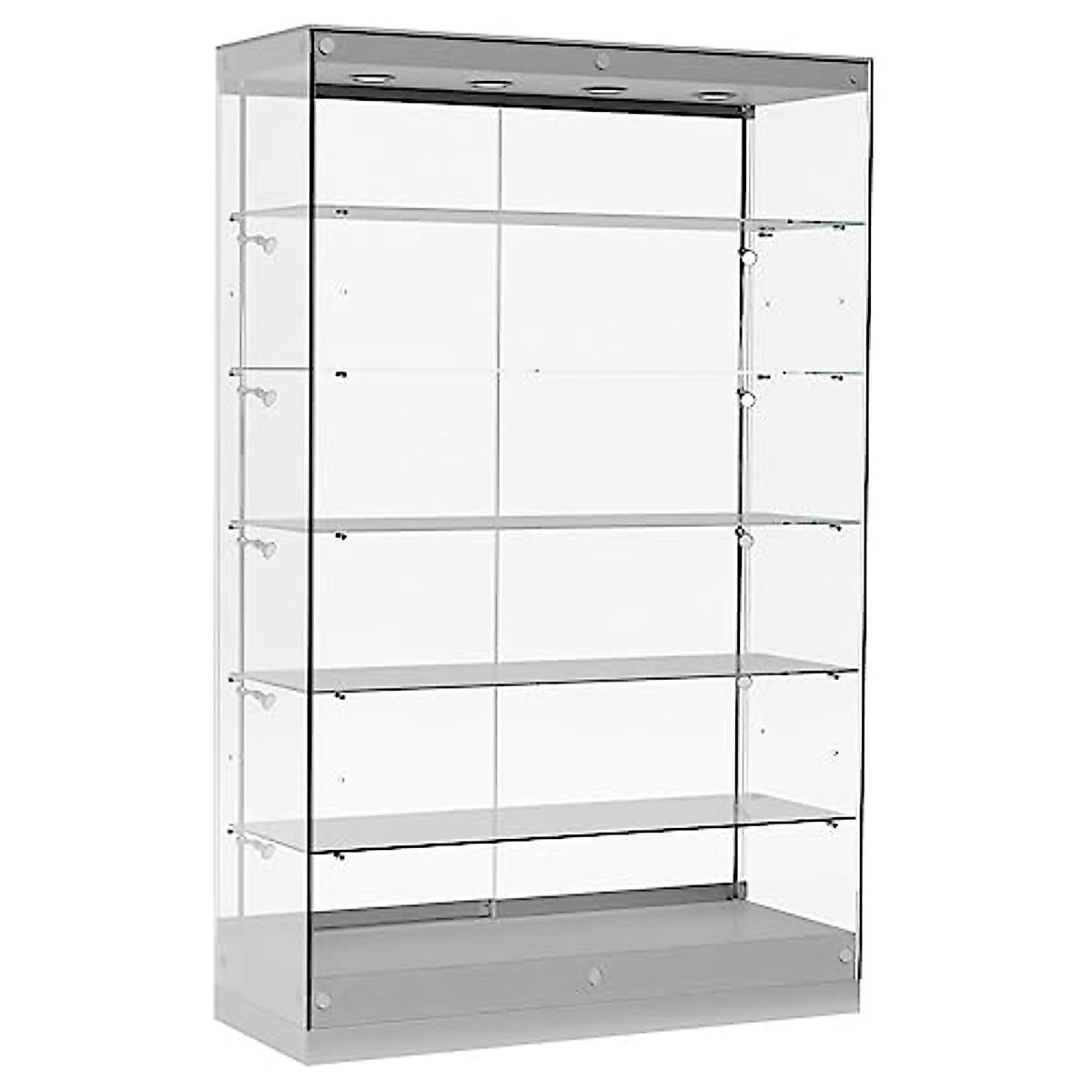 Displays2go, Illuminated Full Vision Cabinets, Tempered Glass, Painted MDF Construction – Clear, Silver Finish (GTAP48LEDS)