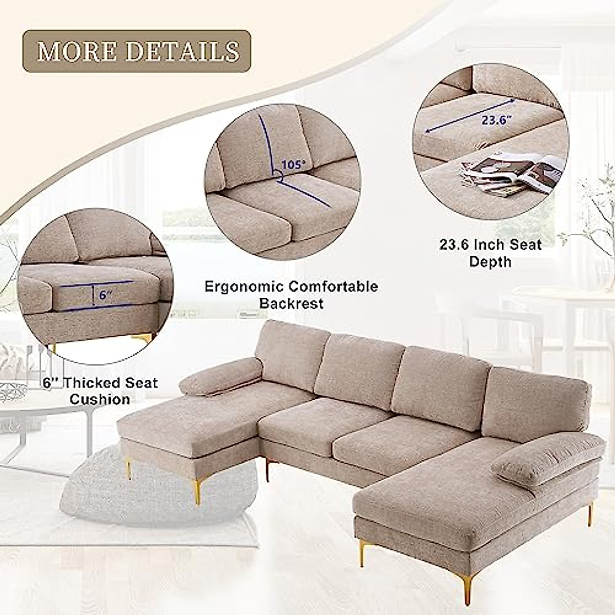 VERYKE U Shape Sectional Sofa Couch,Modern 110'' Chenille Fabric Sectional Couch Sofa, Upholstered Sofa Bed with Golden Metal Legs for Living Room