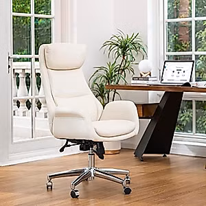 glitzhome Home High-Back Office Chair Leather Adjustable Swivel Desk Chair with Arms, Cream