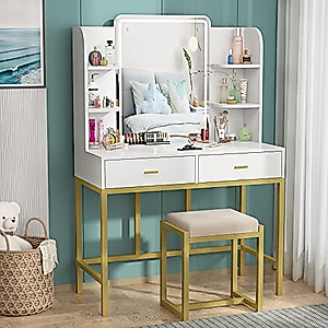 AOUSTHOP Vanity Set with Lighted Mirror, Makeup Vanity Dressing Table with LED Lights, Storage Shelves, Cushioned Stool & 2 Drawers, Dresser Desk for Bedroom, Gold-White