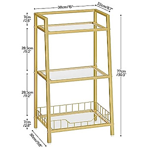 HOOBRO Gold Bookshelf, 3-Tier Tempered Glass Bookcase, Bathroom Storage Stand, Record Storage Rack with Side Guards, Strong and Durable, for Bathroom, Bedroom, Living Room Modern Style, Gold GD77CJ01