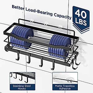 ELUBOIDG Shower Caddy,2 Pack Adhesive Shower Shelf,No Drilling Stainless Steel Shower Organizer with 4 Hooks and 1 Towel Rack,Hanging Bathroom Shelves for Inside Shower & Kitchen Storage (Matte Black)