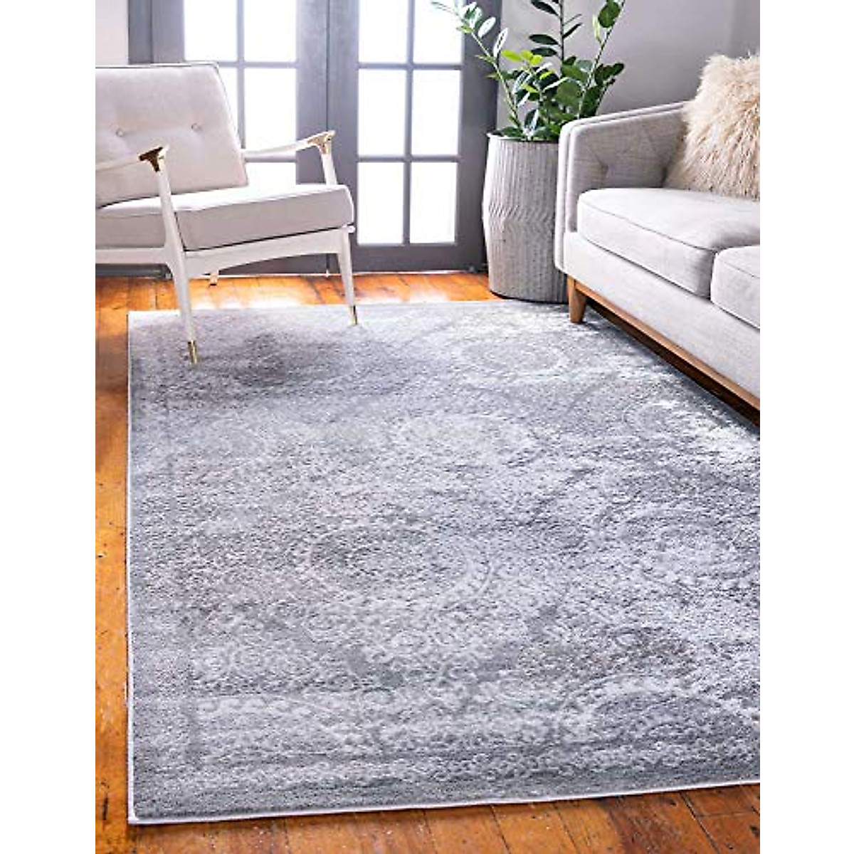 Unique Loom Leila Collection Distressed, Traditional, Vintage, Geometric, Border, High-Low Pile Area Rug (3' 3 x 5' 3 Rectangular, Gray/Ivory)
