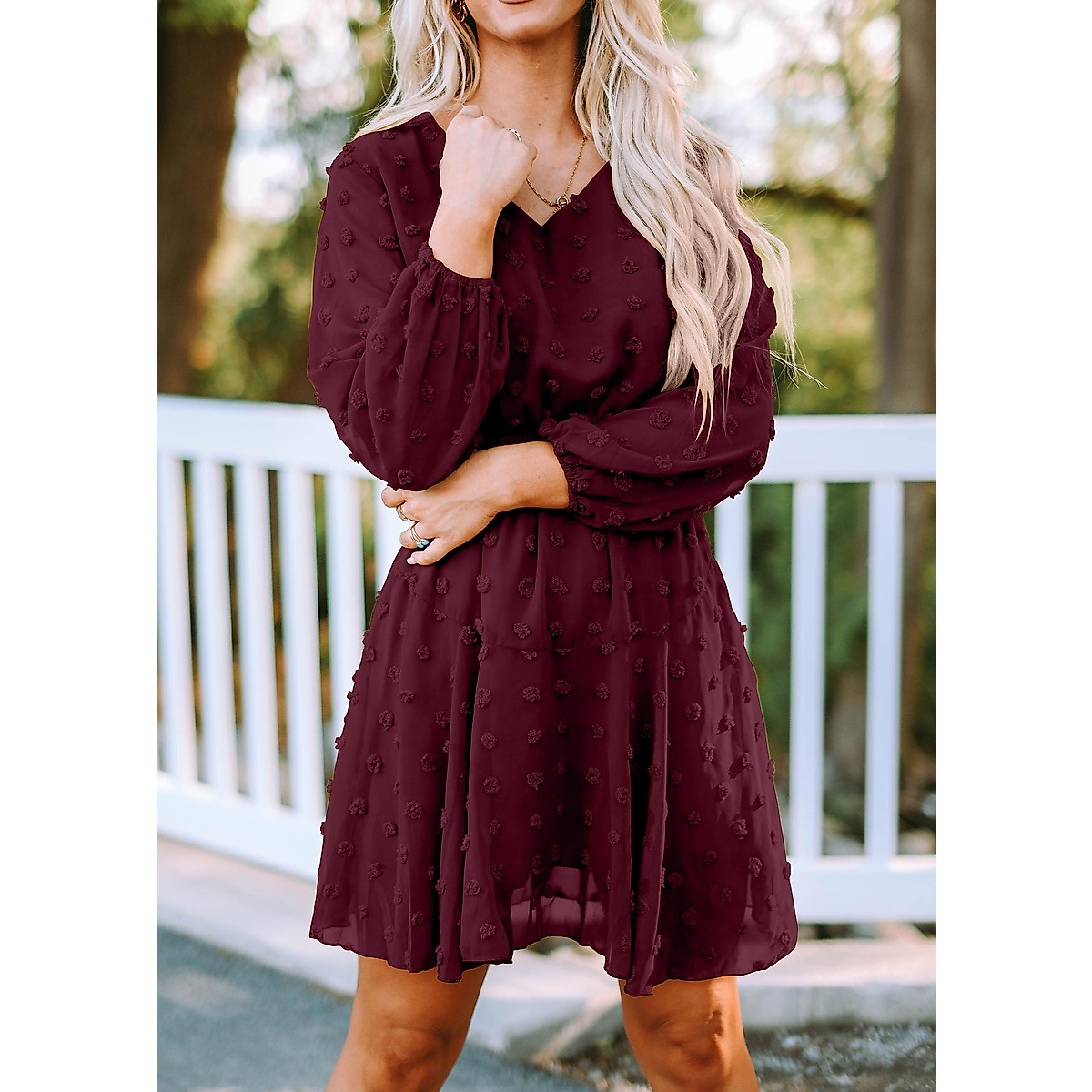 KIRUNDO Womens Spring Dresses 2024 Fashion Casual Long Lantern Sleeve V Neck Cute Swiss Dot Mini Wedding Guest Dress(Style2-Wine Red, X-Large)