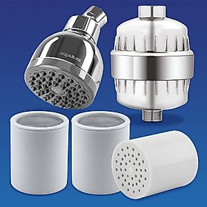 AquaBliss SF100 High Output Revitalizing Shower Filter & TurboSpa 3 Inch High Pressure Shower Head w/Flow Restrictor Plus 3 AquaBliss Replacement Cartridge SFC100 High Output Multi Stage Filter