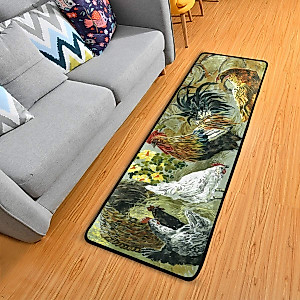 Rooster Runner Rug, Hen Vintage Rural Life Bath Rug Non-Slip Soft Kitchen Mat Doormat Large Runner Carpet 72" X 24"