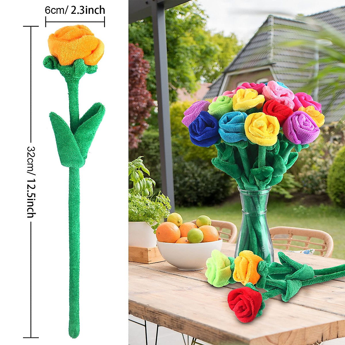 18 Pcs Plush Rose Flower Stuffed Rose Flower Bendable Stems Plush Bouquet Toy Soft Rose Flower 12.6 Inch for Graduation 2024 Mother's Day Valentines Day Girl Girlfriend Wife(18 Pcs Colorful Series)