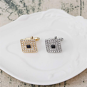 Black and Silver Gold Concentric Diamond Clear Crystal Dust Cufflinks, AILUOR Tuxedo Shirt Cufflinks French Style Shirt Studs (Silver)