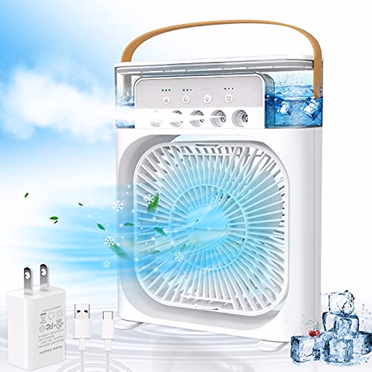 Portable Air Conditioner Fan,Personal Mini Small Evaporative Air Cooler with AC adapter,Desktop Cool Humidifier with 7 Colors LED Light,1/2/3 H Timer,3 Speeds & 3 Spray for Room Office Home Travel