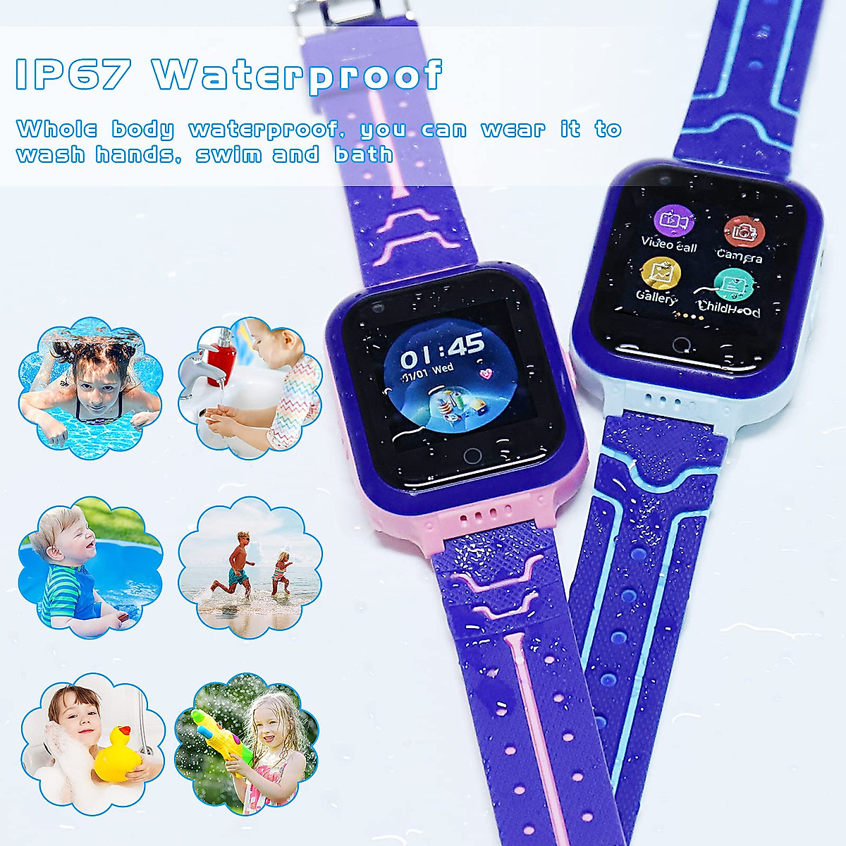 Upgraded 4G GPS Smartwatch for Girls Boys, IP67 Waterproof Sport Smart Watch Phone for Kids, with Camera WiFi Video Call Phone Call SOS Pedometer, 2-Style Watch Straps for Children 3-14 Years-Blue