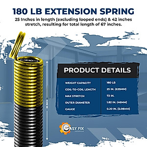 Easy Fix Hardware 180 lb. Heavy-Duty Double-Looped Garage Door Extension Spring (2-Pack) - Gold | Springs for Overhead Garage Door Hardware Repair | Minimum 30,000 Cycles for 7' Feet Garage Door