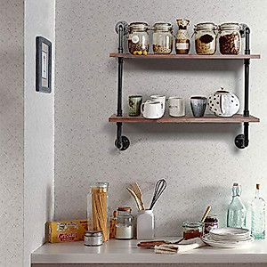 JAXPETY Industrial Floating Shelf 2-Tier Wall Mounted Pipe Shelves Rustic Wood Shelf Metal Bracket Storage Space Display Bookshelf for Bedroom, Living Room, Office