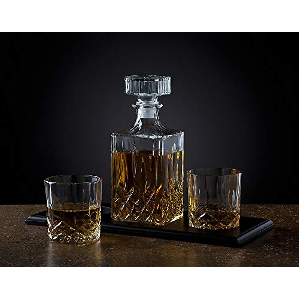 Whiskey Decanter and Glasses Barware Set, for Liquor Scotch Bourbon Wine or Vodka - Includes 2 Whisky Glasses on Wooden Display Tray Clear