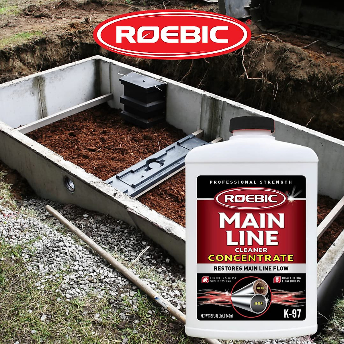 Roebic K-97 Main Line Cleaner, Exclusive Biodegradable Bacteria Digests Paper, Fats, and Grease in Sewer and Septic Systems, 32 Ounces