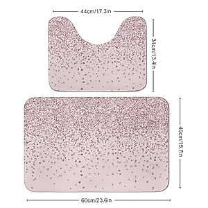 Bathroom Rug Set 2 Piece Blush Rose Gold Glitter Diamond Bath Rugs and U-Shaped Contour Toilet Rug, Non-Slip Bath Carpet Bath Mats for Bathroom 15.7"x23.6"