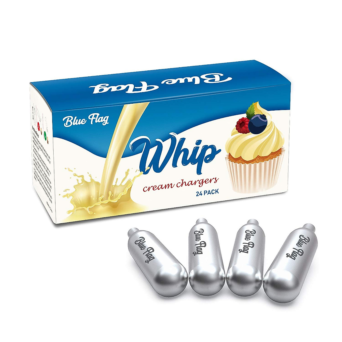 BLUE FLAG Whipped Cream Chargers N2O Nitrous Oxide 8-Gram Cartridge for Whipper Whipped Cream Dispenser (24 Packs)