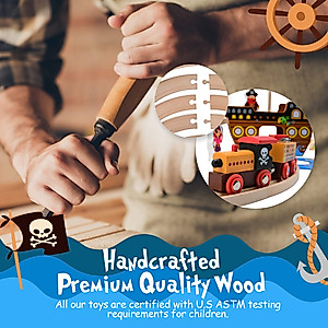 Pidoko Kids Pirate Theme Wooden Train Set - 72 Pcs - Includes Magnet Fishing Poles - Set compatible with all major brand tracks and trains