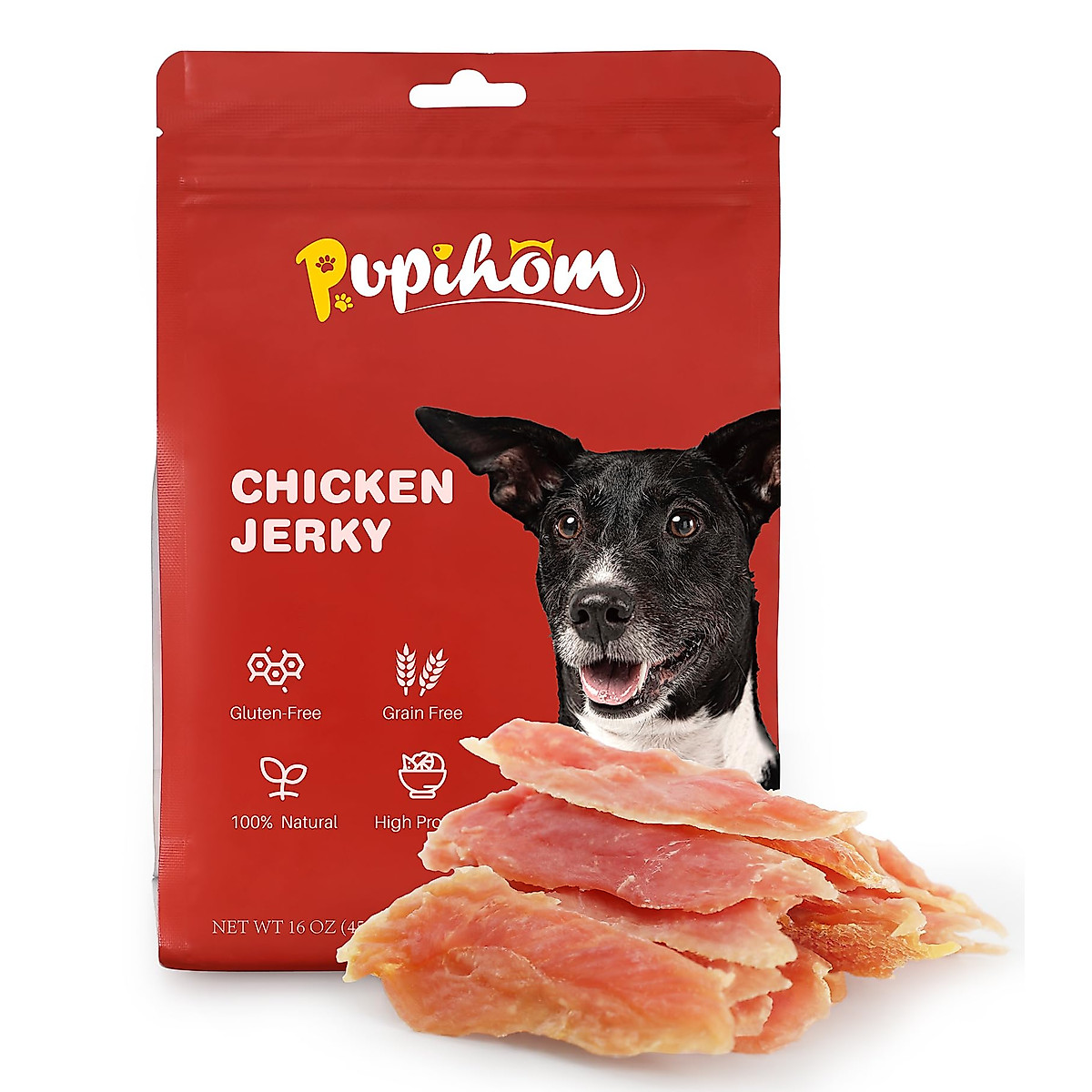 PUPIHOM Chicken Jerky Dog Treats for Dogs 16 OZ 1LBS, Rawhide-Free, Made with Real Breast, Long-Lasting Treats, Dog Training Reward Snacks Dog Chewy Treats