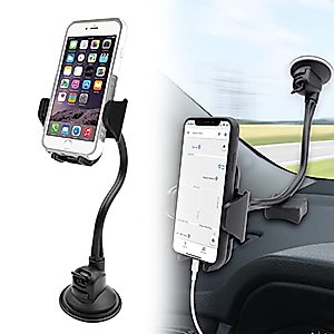 Macally Windshield Phone Mount for Car, Super Strong Suction Cup Phone Holder for Truck - Universal Gooseneck Window Phone Mount for Car, Compatible with iPhone, Samsung, Cell Phone, Android, Mobile