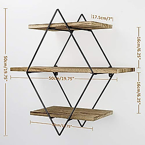 Befayoo Floating Shelves for Wall, Rustic Wood Geometric Style Decor Shelf for Bathroom Bedroom Living Room Kitchen Office (Diamond, Natural)
