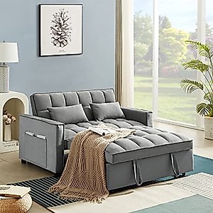 Sleeper Sofa Couch w/Pull Out Bed, 55" Modern Velvet Convertible Sleeper Sofa Bed, Small Love seat Sofa Bed with 2 Pillows & Detachable Side Pockets for Small Space, Living Room, Apartment, Grey