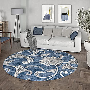 Garland Transitional Floral Navy Round Area Rug, 5' Round