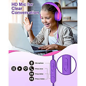 ELECDER Kids Headphones, S8 Wired Headphones for Kids with Microphone for Boys Girls, Adjustable 85dB/94dB Volume Limited, 3.5 mm Jack for School/Kindle/Smartphones/Tablet/Airplane Travel(Purple/Red)