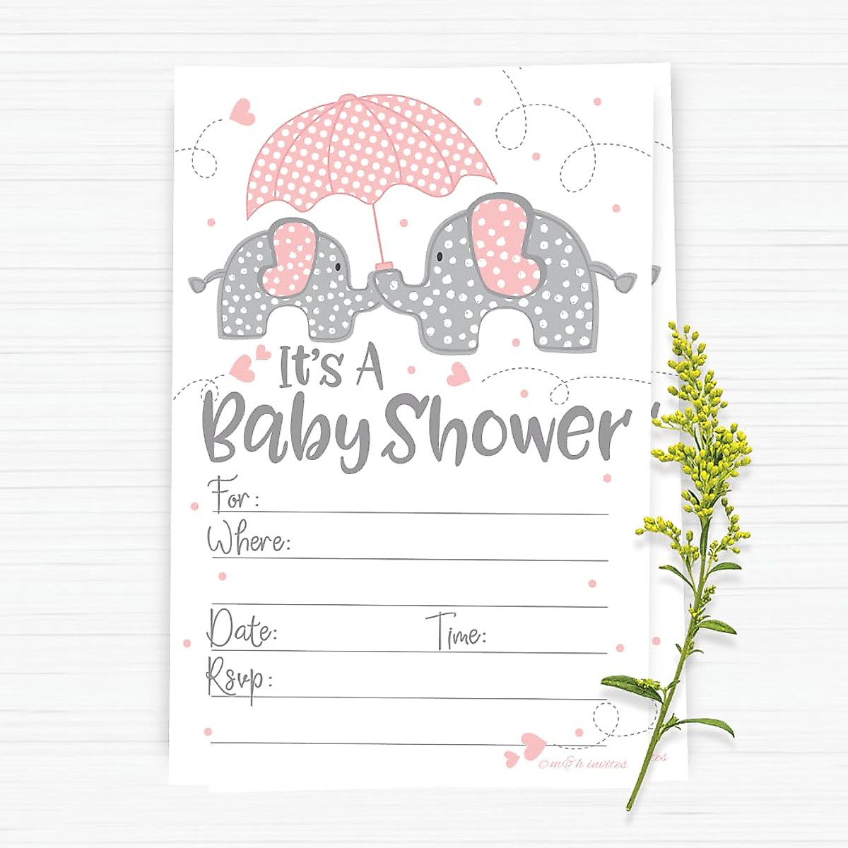 Pink Elephant Girl Baby Shower Invitations (20 Count) with Envelopes