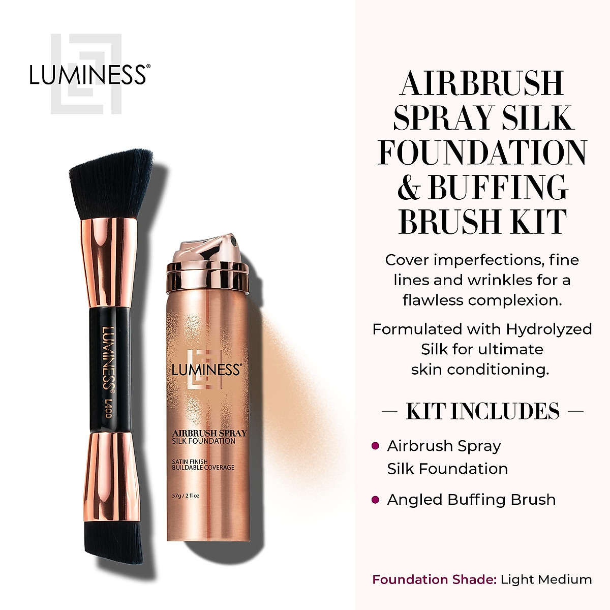LUMINESS Silk Airbrush Spray Foundation & Buffing Brush Kit - Light Medium, Unisex, Skin Foundation Concealer