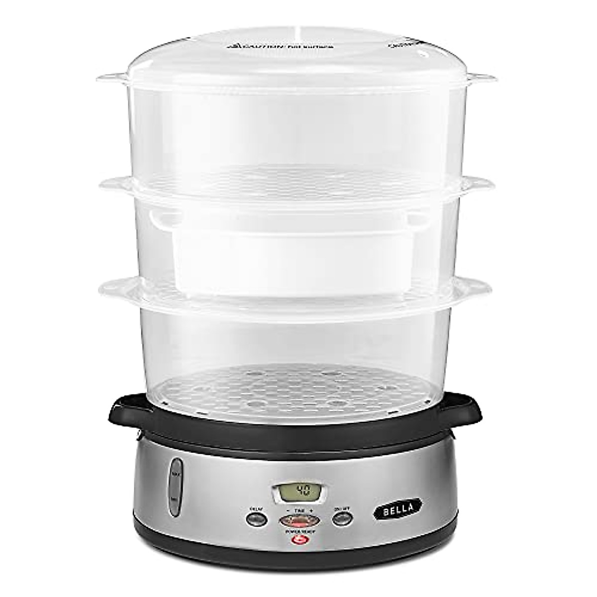 BELLA 9.5 QT Triple Tier Digital Food Steamer, Healthy Fast Simultaneous Cooking, Stackable Baskets for Vegetables or Meats, Rice/Grains Tray, Auto Shutoff & Boil Dry Protection, Stainless Steel