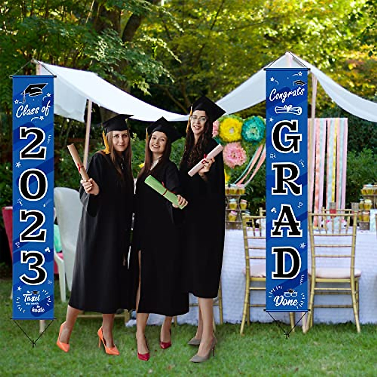 2023 Graduation Decorations, 3 Pcs Class of 2023 Congrats Grad Banner, Blue and Black Graduation Party Decorations Hanging Banner Door Porch Sign Photo Props for College, High School and Other Grades